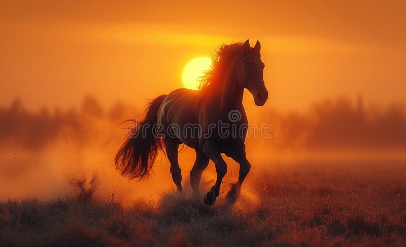 Wild Horse Running in the Field Against Beautiful Sunset Stock Photo ...