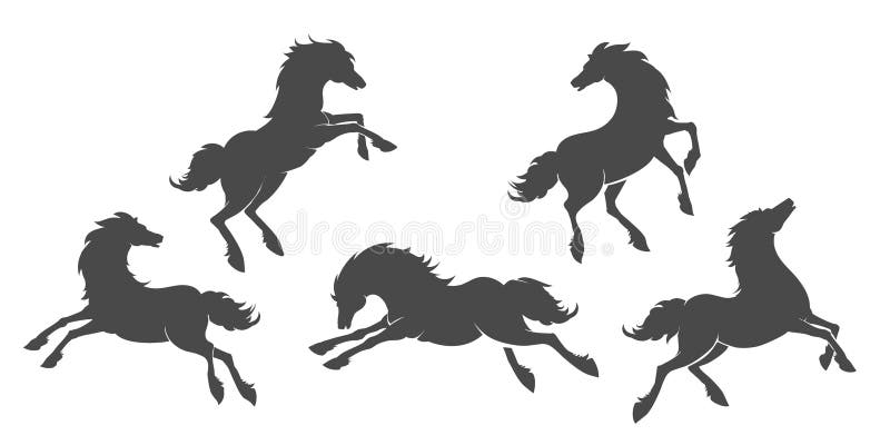 Wild Horses Black and White Silhouette Set Isolated Vector ...