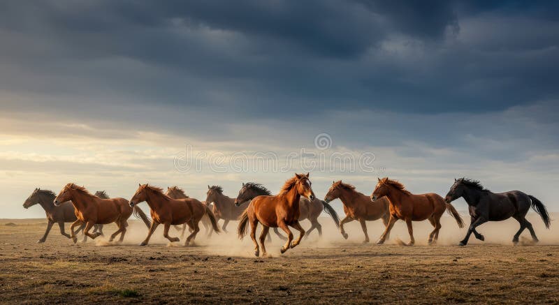Wild Horses Galloping Across an Open Field Under Dramatic Sky at Sunset ...