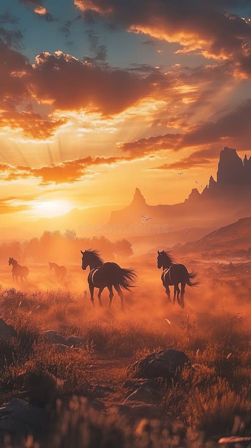 Wild Horses Running Across a Dusty Field at Sunset. Stock Photo - Image ...