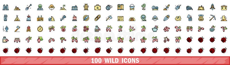 100 Wild Icons Set, Color Line Style Stock Vector - Illustration of ...