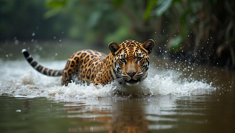 Wild Jaguar Gracefully Swimming in Amazon River Stock Illustration ...