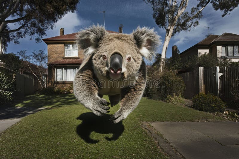 A Wild Koala, Tagged for Identification, Walks through a Lawn in a ...