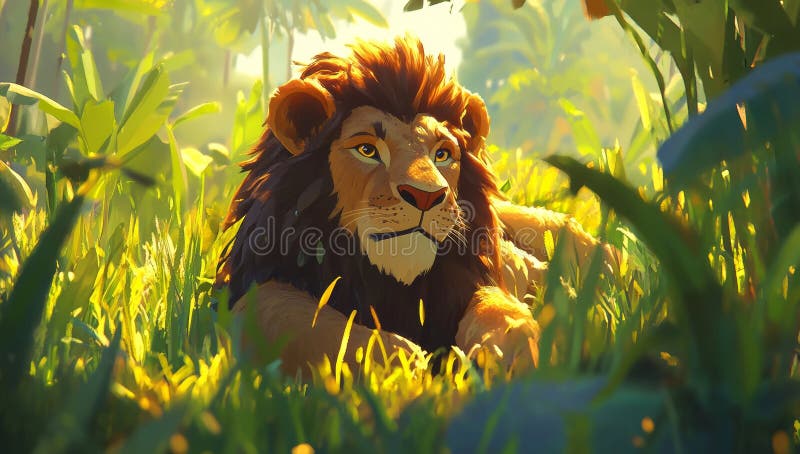 A Wild Lion Relaxes in a Vibrant Forest Setting Stock Image - Image of ...