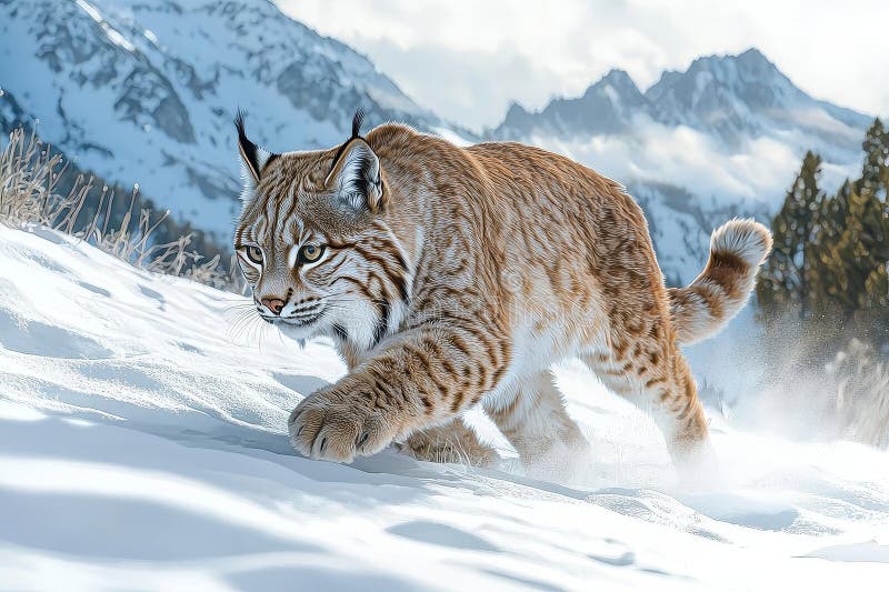 Wild Lynx Running in Snowy Mountain Landscape Stock Illustration ...