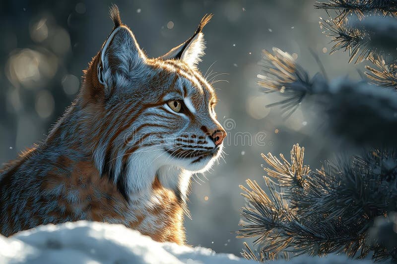 Wild Lynx in Snowy Forest stock illustration. Illustration of fauna ...