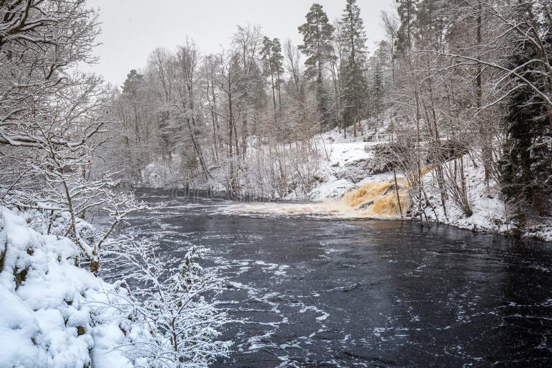 Wild Morrum River in Snowy Winter, Sweden Stock Image - Image of ...