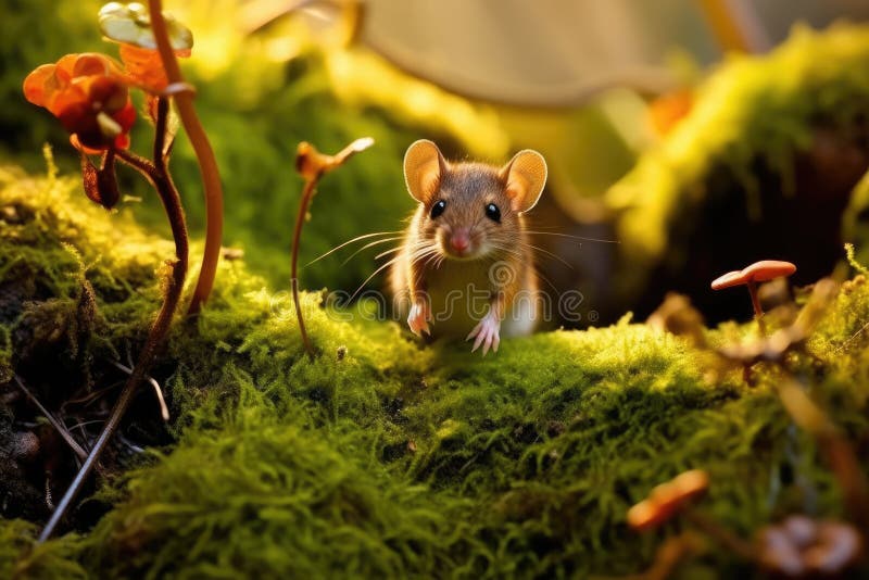 Wild Mouse Resting on the Forest Floor with Lush Green Vegetation ...