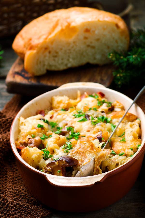 WILD MUSHROOM BREAD PUDDING Stock Image - Image of baking, white: 90414911