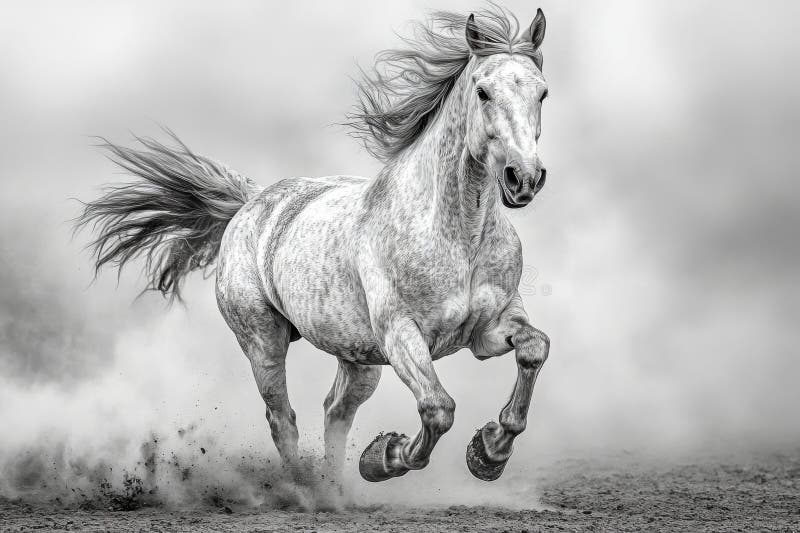 Wild Mustang Galloping Across Open Plain with Dust Rising Around Stock ...