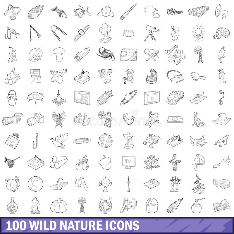 100 Wild Nature Icons Set, Outline Style Stock Vector - Illustration of ...