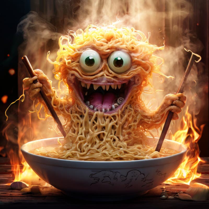 Monster Made of Noodles in a Bowl with Flames and Chopsticks Stock ...