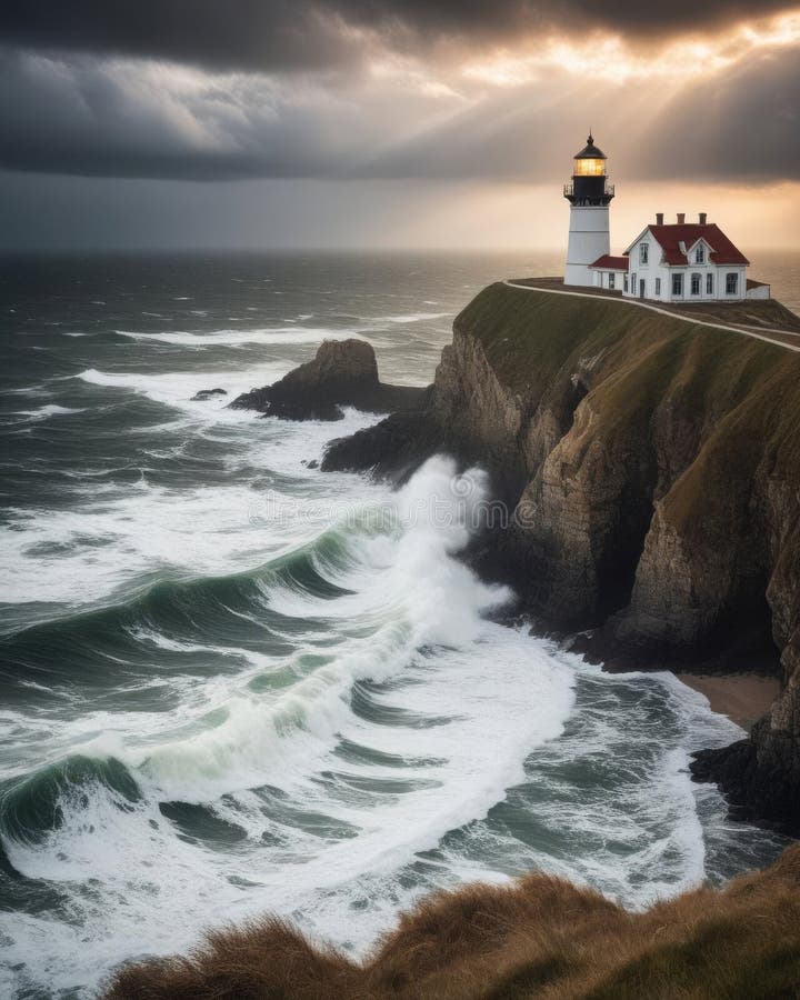 Wild Ocean Beneath a Beacon of Light Stock Illustration - Illustration ...