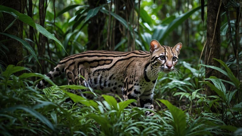 A Wild Ocelot Prowls through Dense Green Foliage in a Vibrant Jungle ...