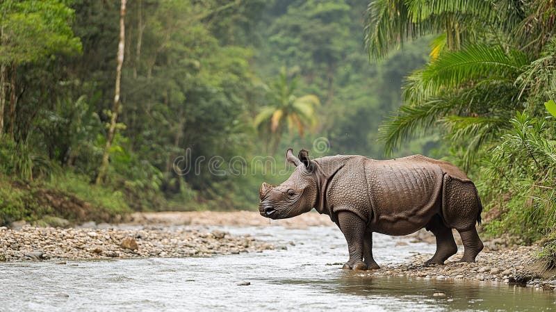 Wild One-horned Rhino by a Stream in a Lush Jungle Stock Illustration ...