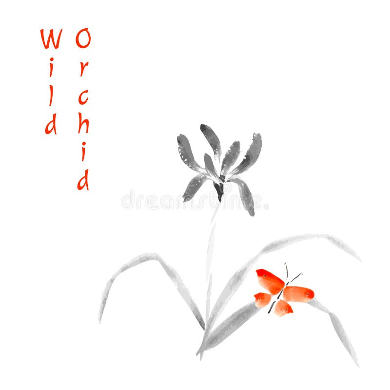 Wild orchid and bamboo stock illustration. Illustration of drawing ...