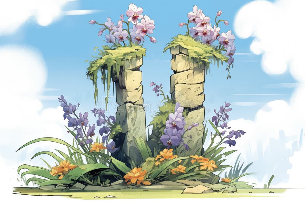 Wild Orchids Thriving on a Fallen Pillar Stock Illustration ...
