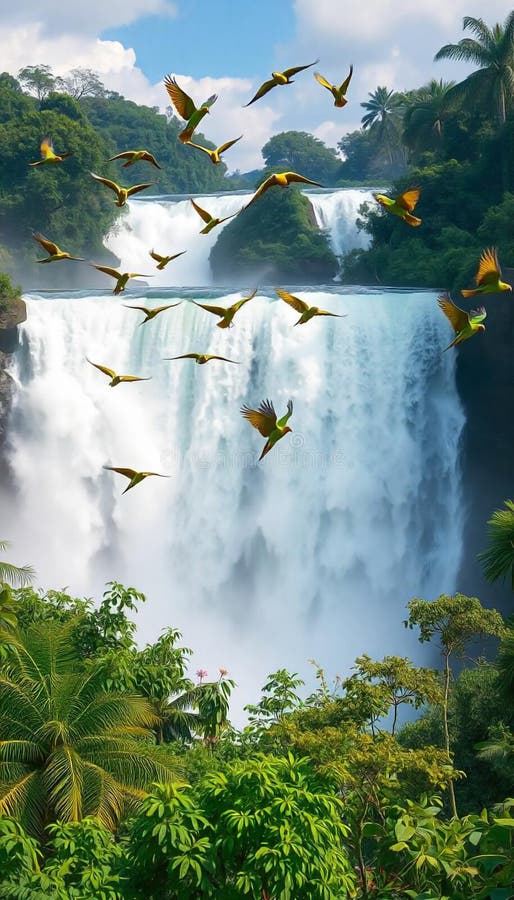 Wild Parrots Flying Over a Waterfall. Generative AI Stock Illustration ...
