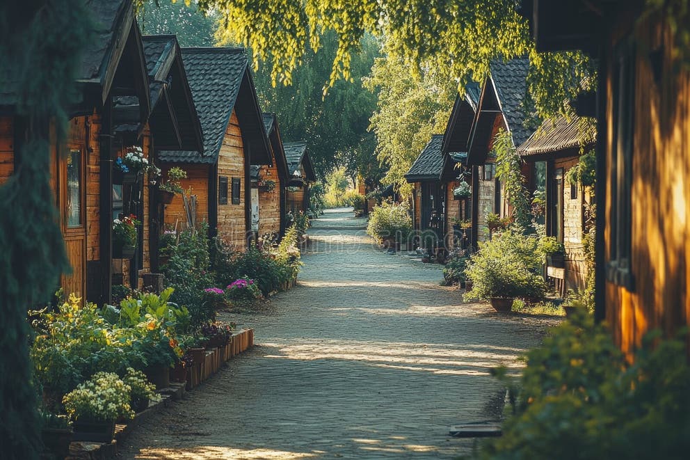 A Wild Path, Rustic Homes, and Vibrant Green Fields Stock Image - Image ...