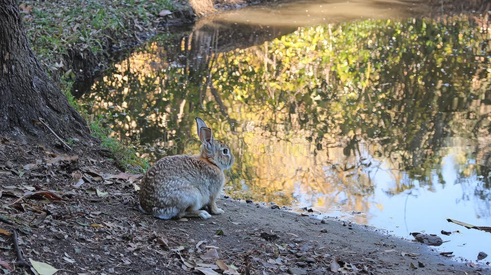 A Wild Rabbit Sits by a Calm Pond, Observing Its Reflection in the ...