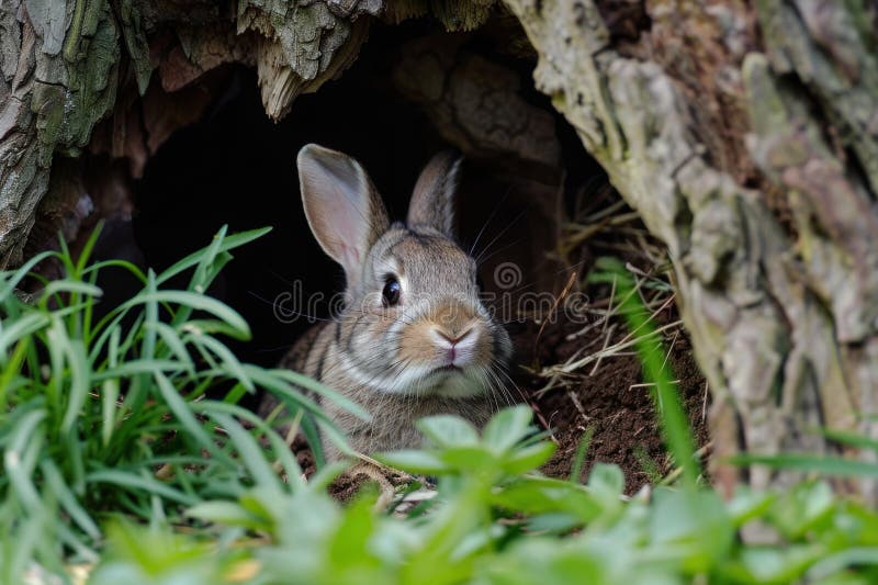 Wild Rabbit Resting in Tree Trunk Burrow Stock Photo - Image of ...