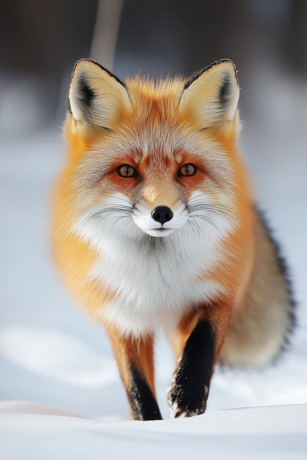 Wild Red Fox Walking on Snow during Wintertime Stock Photo - Image of ...