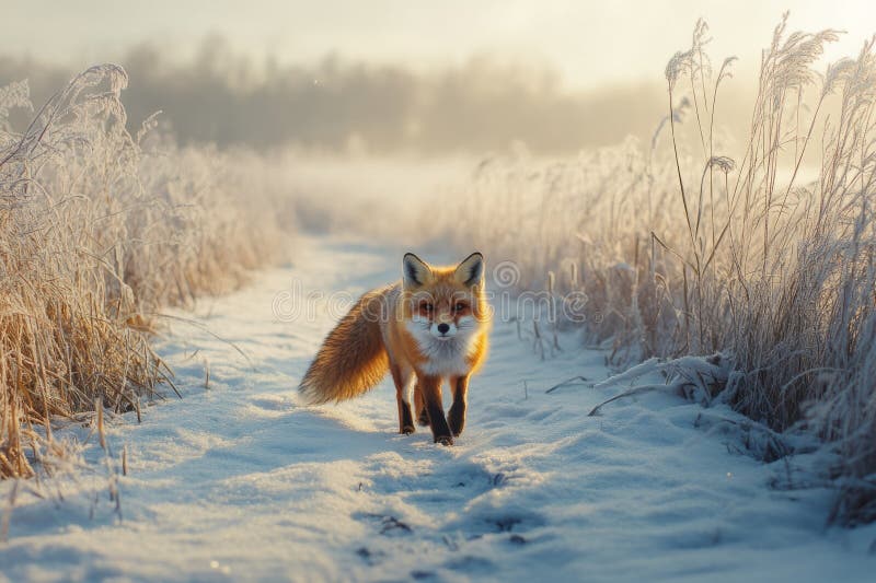 Wild Red Fox Walking on a Snowy Path at Sunrise in Winter Stock Photo ...