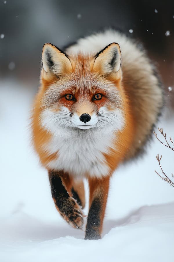 Wild Red Fox Walking Towards the Observer in Snowy Winter Landscape ...