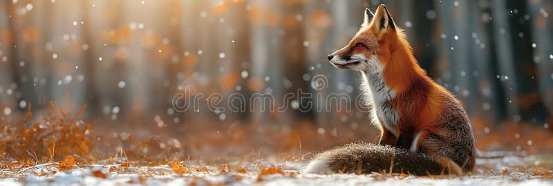 Wild Red Fox in Winter on Snowy Forest. Panoramic Wildlife Landscape ...