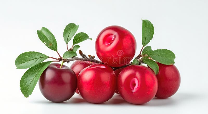 Wild Red Plums with Leaves and Twigs, Isolated on White Background ...