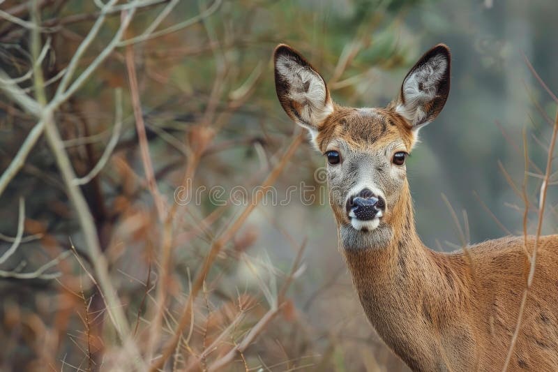 Wild Roe Deer Doe Looking through Bare Branches in Forest Stock Image ...