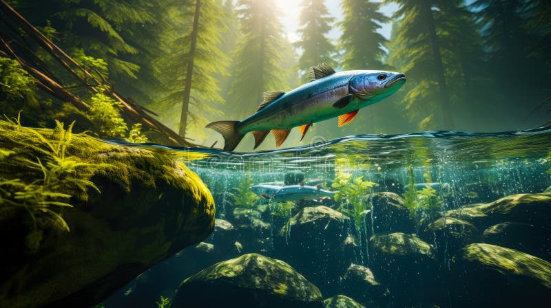 Wild Salmon Fish Jumping Out of River Water Stock Illustration ...