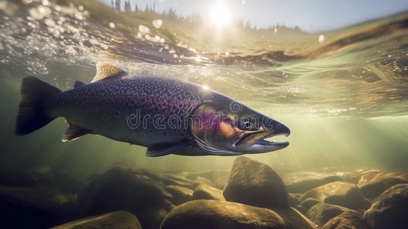 Wild Salmon Fish Swimming in a High Mountain River Stock Illustration ...