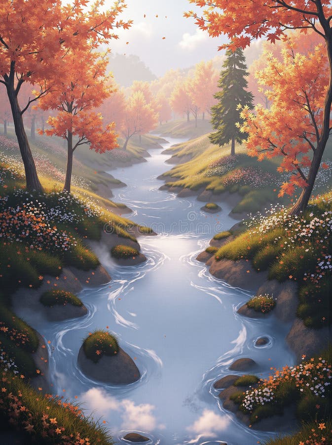 The Wild Scenery of Autumn, Red Maple Trees, Flowing Mountain Streams ...