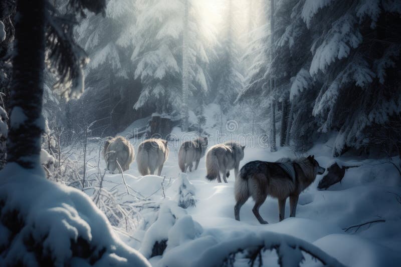 Into the Wild Snowy Forest with a Pack of Wolves on a Hunt Stock Image ...