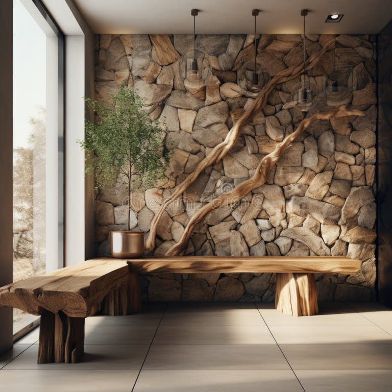 Wild Stone Cladding Wall and Wooden Bench. Decorative Tree Trunks ...
