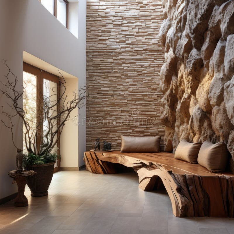 Wild Stone Cladding Wall and Wooden Bench. Decorative Tree Trunks ...