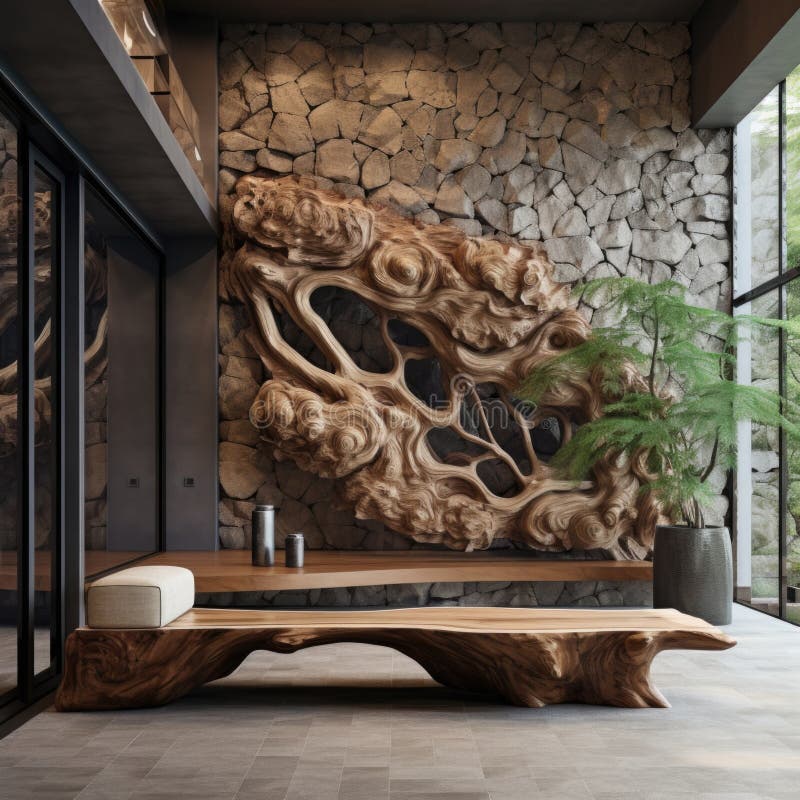 Wild Stone Cladding Wall and Wooden Bench. Decorative Tree Trunks ...