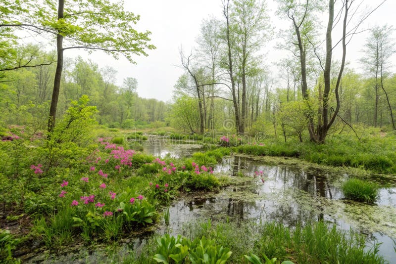 "Wild Swamp in Spring with Fresh Greenery and Reflective Water Stock ...