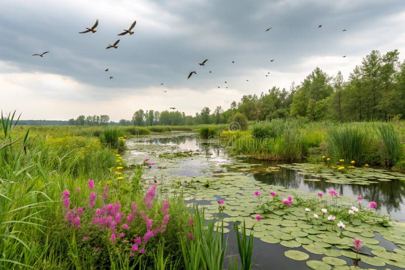 "Wild Swamp in Spring with Fresh Greenery and Reflective Water Stock ...
