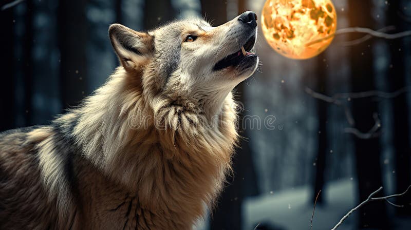Wild Symphony, a Gray Wolf in a Winter Forest Howls at the Moon at ...