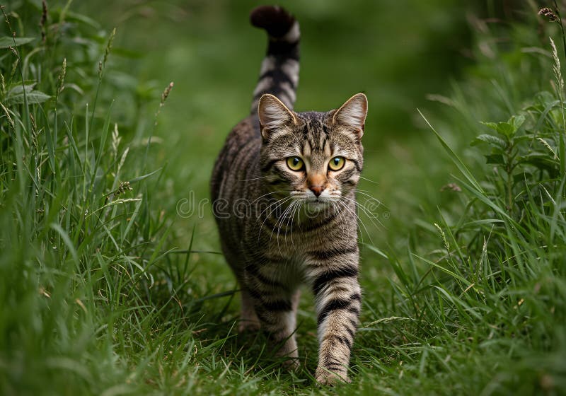 Tabby Cat Prowling in Tall Grass Stock Illustration - Illustration of ...