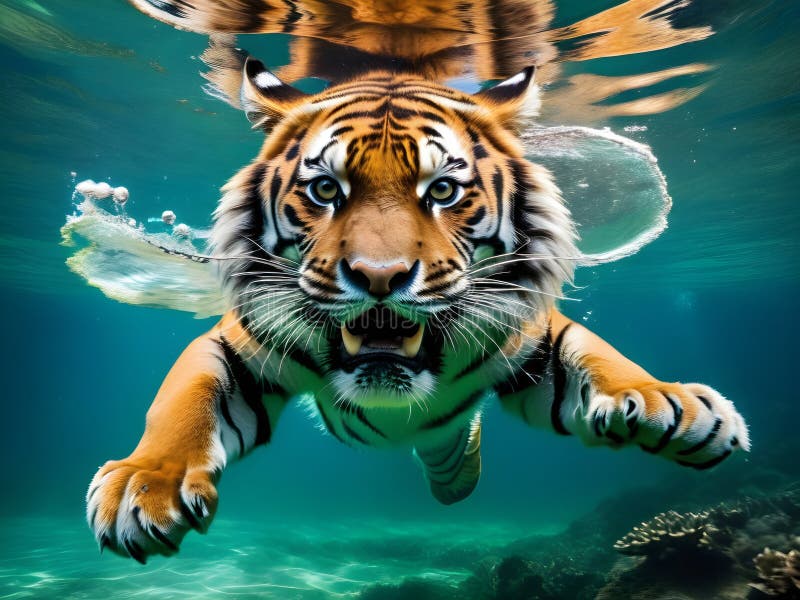 Wild Tiger Swimming Underwater. Stock Photo - Image of striped, mammal ...