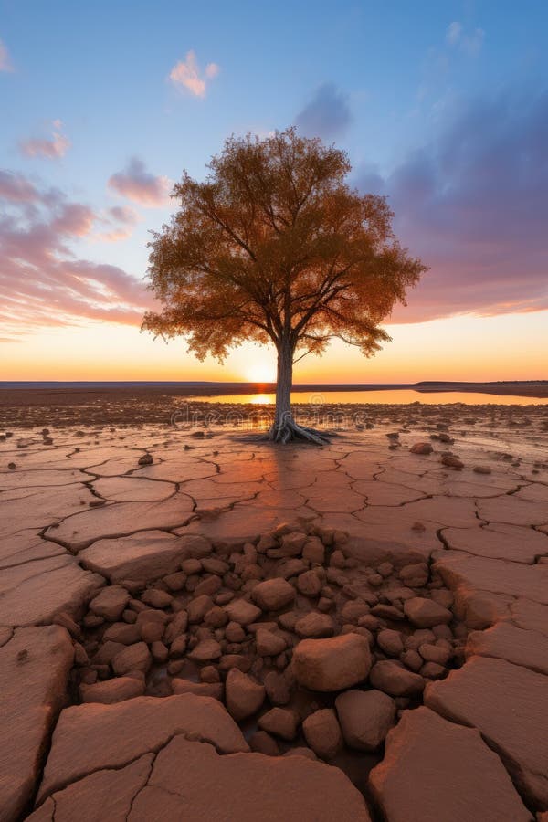 A Wild Tree Grows in Arid Desert Soil with Cracks. Drought Problem ...