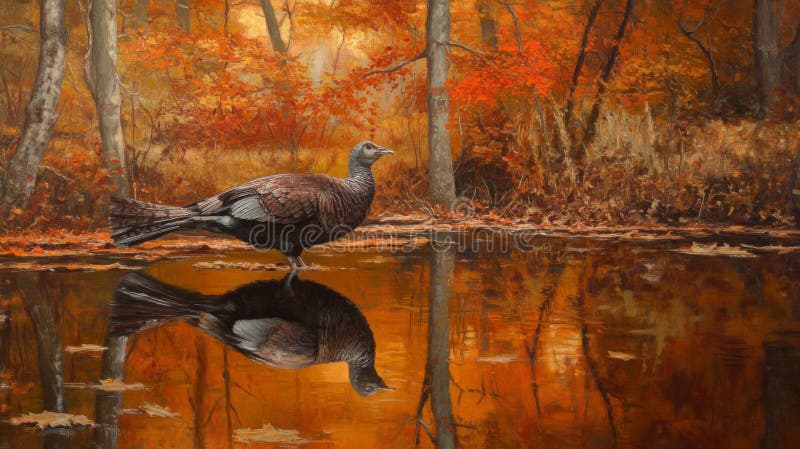 Wild Turkey in Autumn Forest Pond Reflection Stock Illustration ...