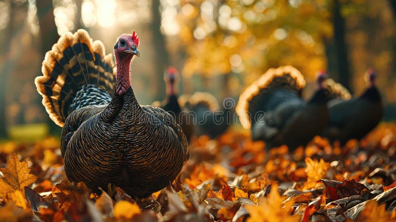 Wild Turkeys Walking through a Field of Fall Leaves Stock Image - Image ...