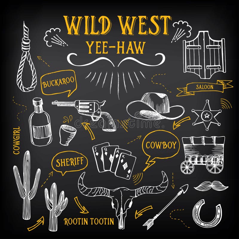 Wild West Design Sketch. Icons Drawing Vintage Elements. Stock Vector ...