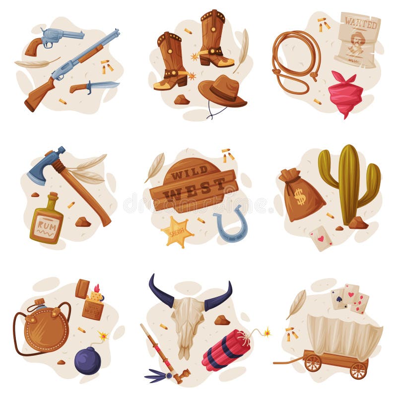Wild West Objects Composition with Boots, Gun, Hatchet, Lasso, Wagon ...