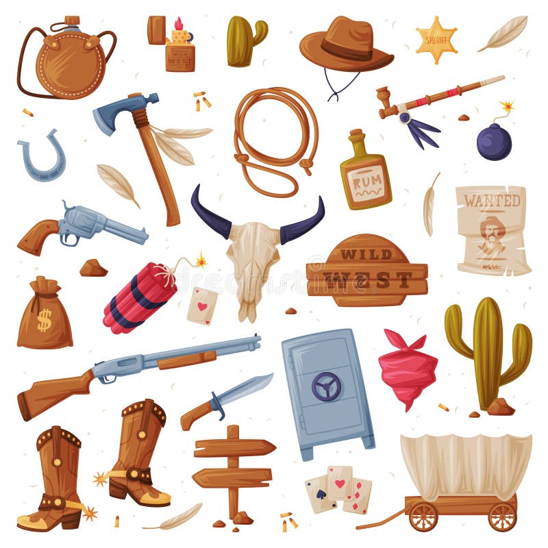 Wild West Objects Isolated on White Background Vector Set Stock ...