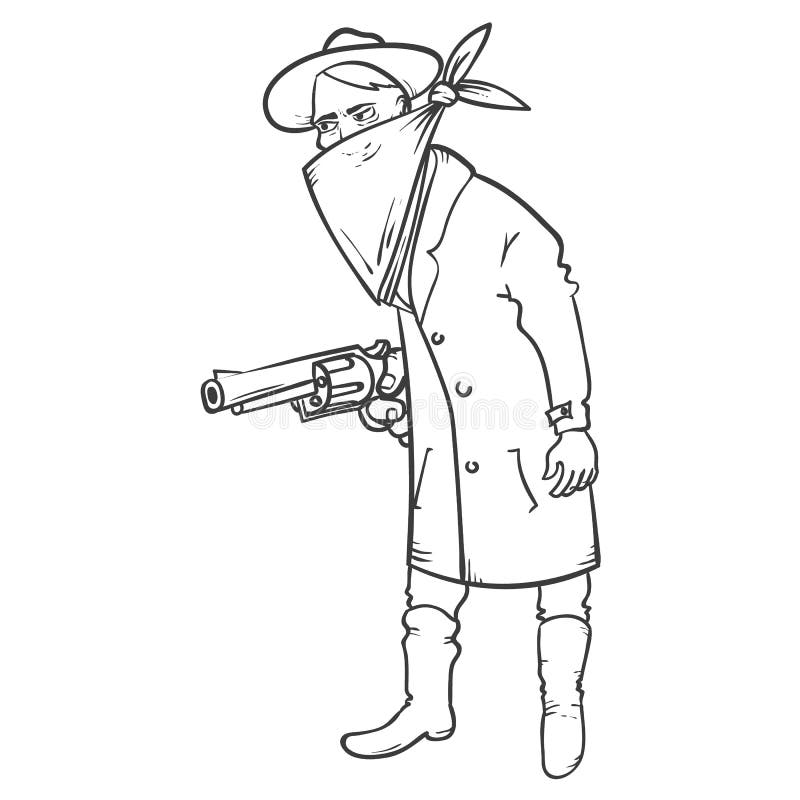 Wild West Robber with Gun Hand Drawn Illustration Stock Vector ...